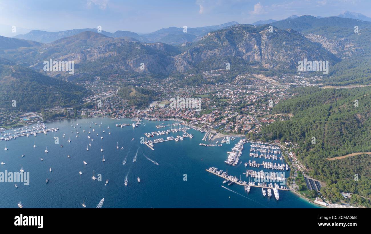 Gocek Marina and Gocek City Drone Photo, Gocek Fethiye, Mugla Turkiye ...