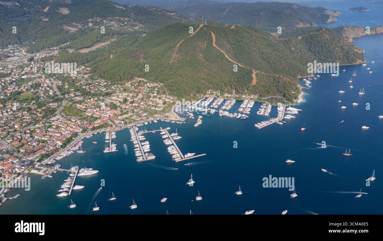 Gocek Marina and Gocek City Drone Photo, Gocek Fethiye, Mugla Turkiye ...