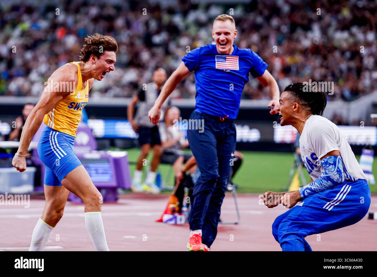 world record Armand Duplantis of Sweden and celebrates with with ...
