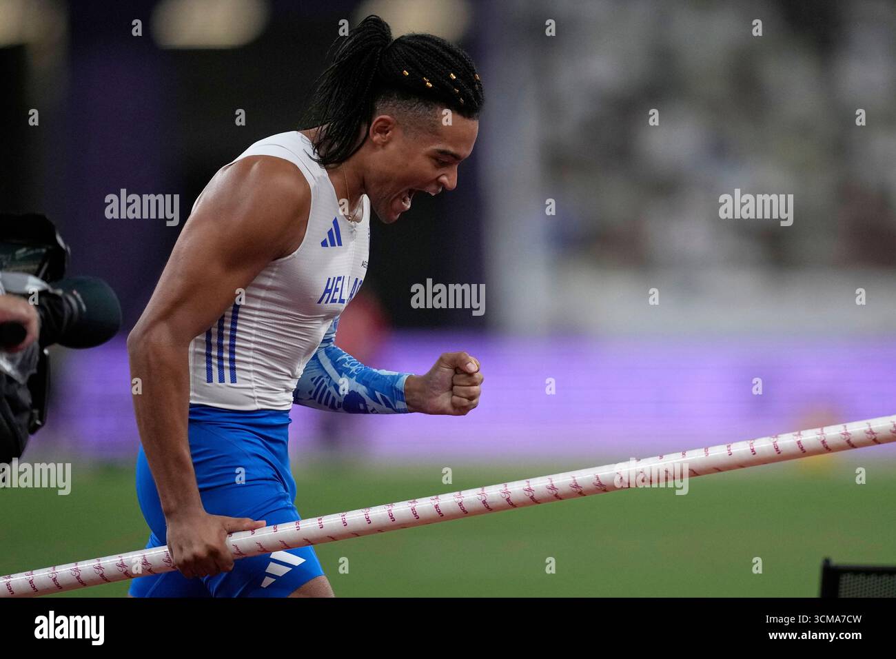 Greece's Emmanouil Karalis reacts after a clearance in the men's pole ...