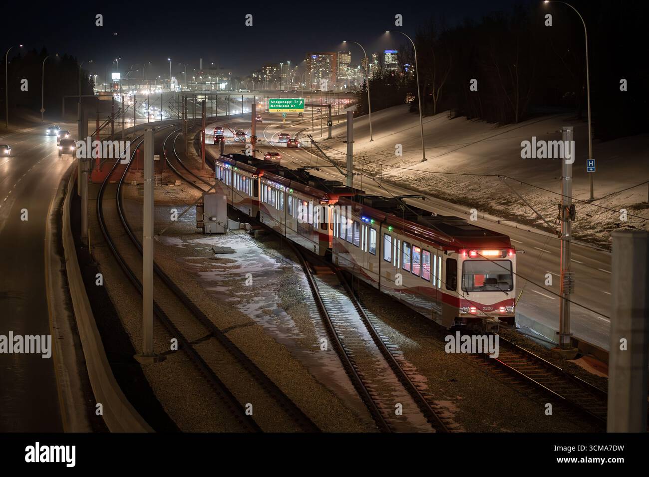 Calgary Alberta Canada, April 20 2025: Rapid transit train travels down ...