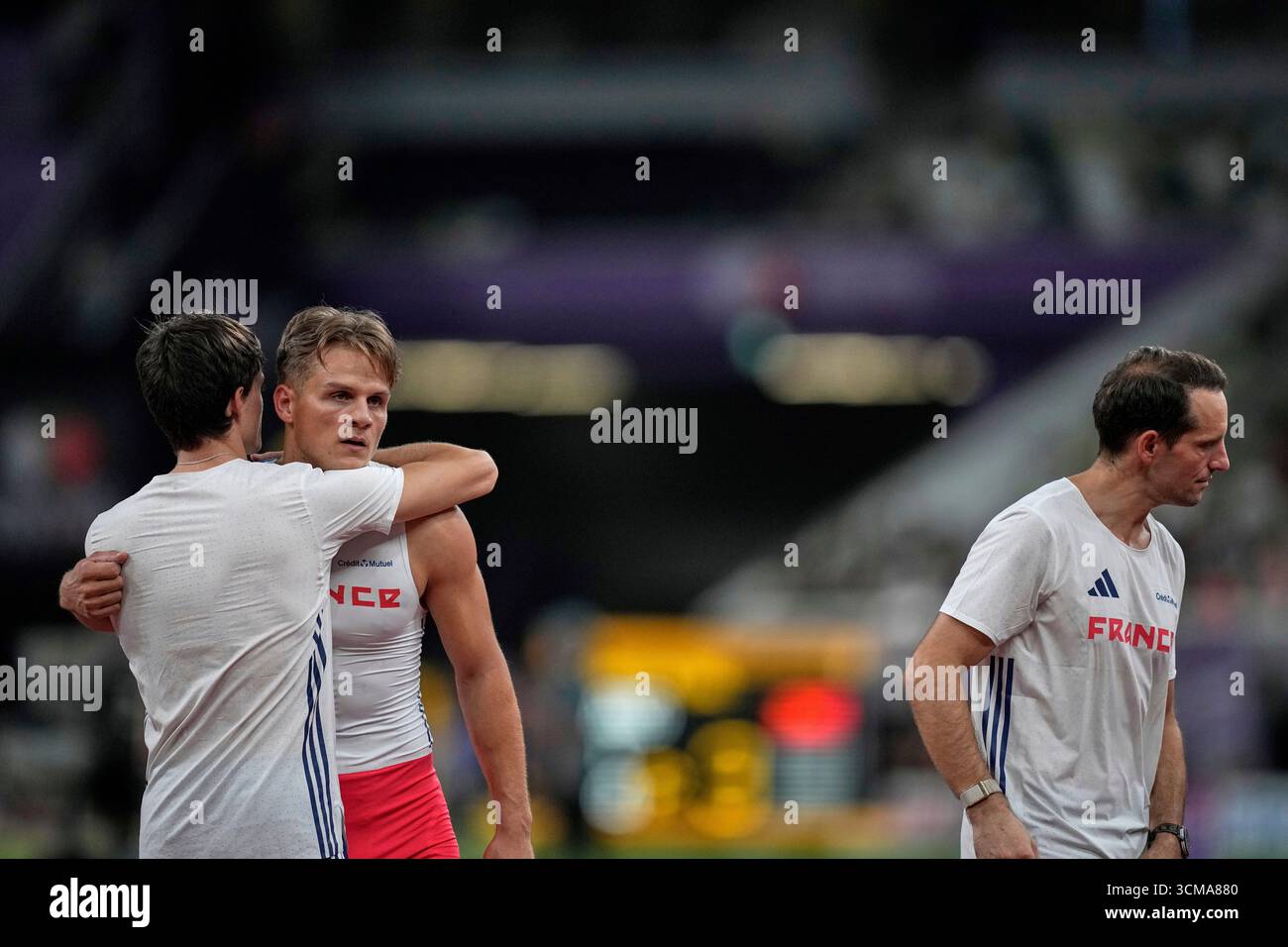 France's Renaud Lavillenie, right, France's Thibaut Collet and France's ...