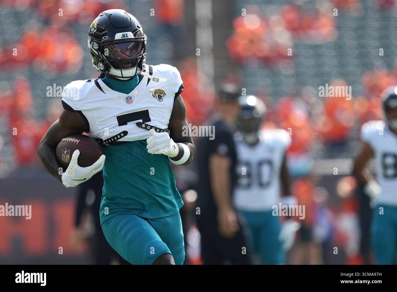 Jacksonville Jaguars wide receiver Brian Thomas Jr. warms up before an ...