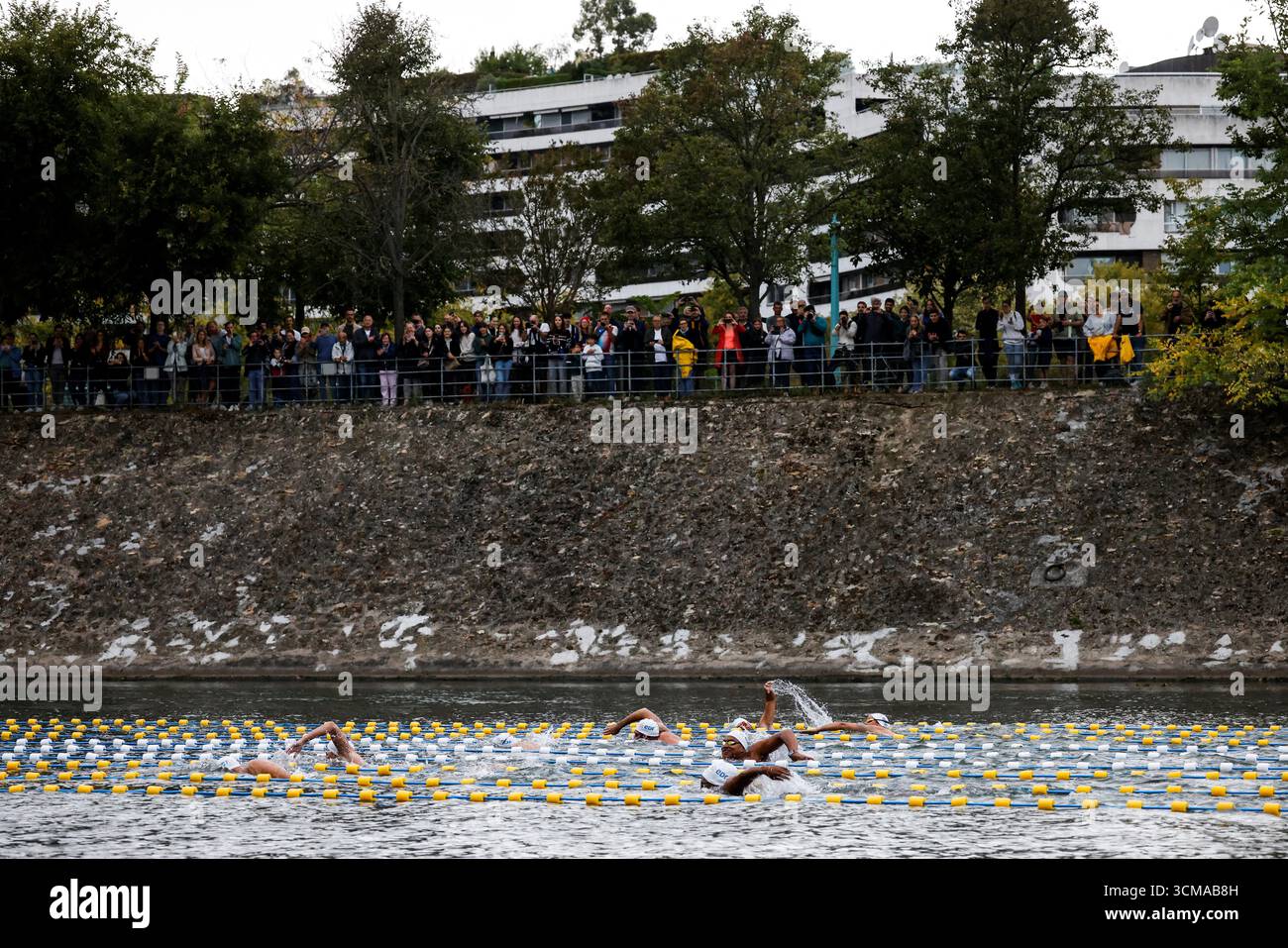 Member of the public stand on the banks of Ile aux Cygnes as they watch ...