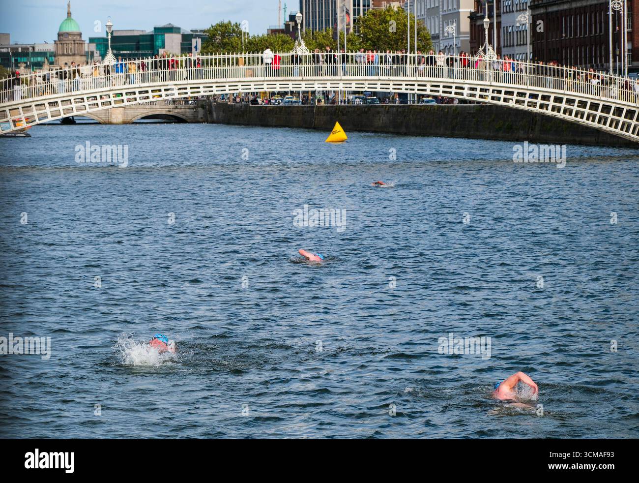 Swimmers swimming in the River Liffey under the Ha'penny Bridge and ...