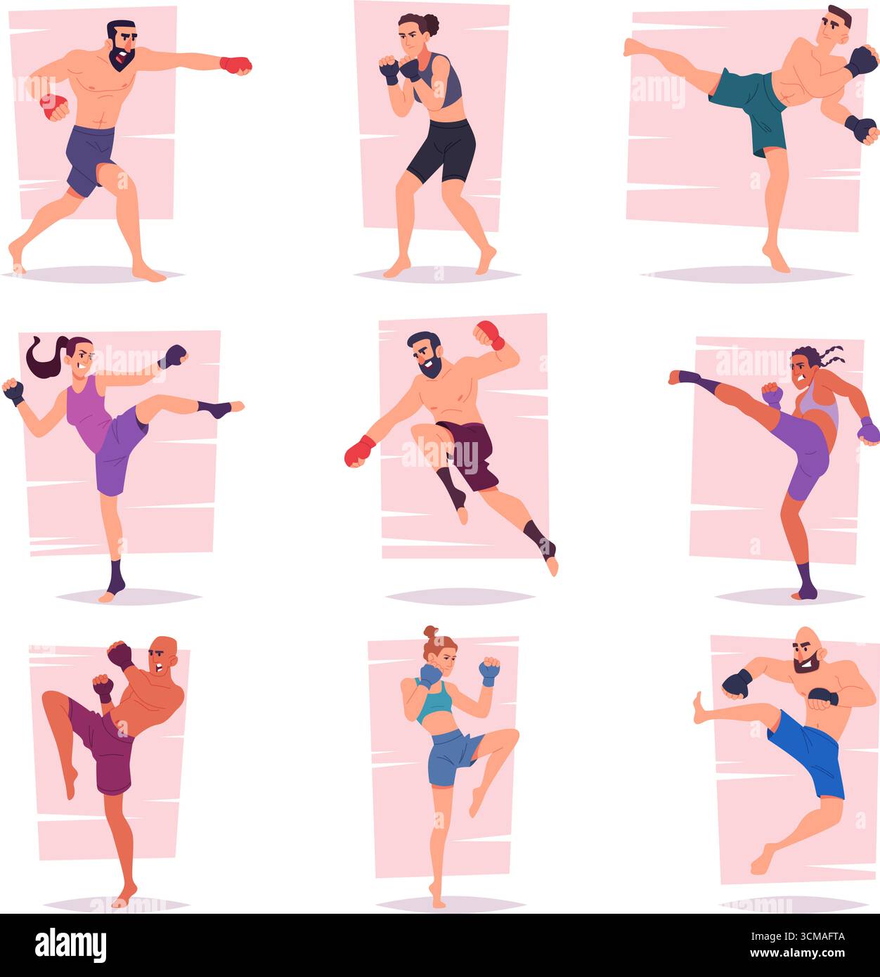 Fighters. Mma characters fight in different poses exact vector mixed ...