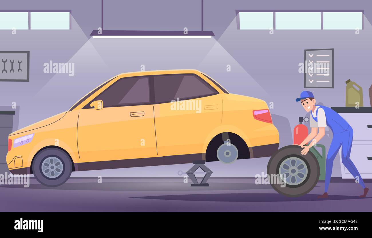 Car repair. man changing wheels in garage. vector cartoon background ...