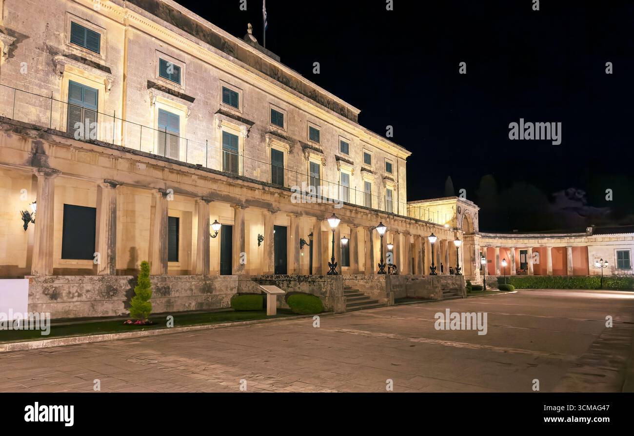 Palace of St. Michael and St. George in Corfu island illuminated at ...