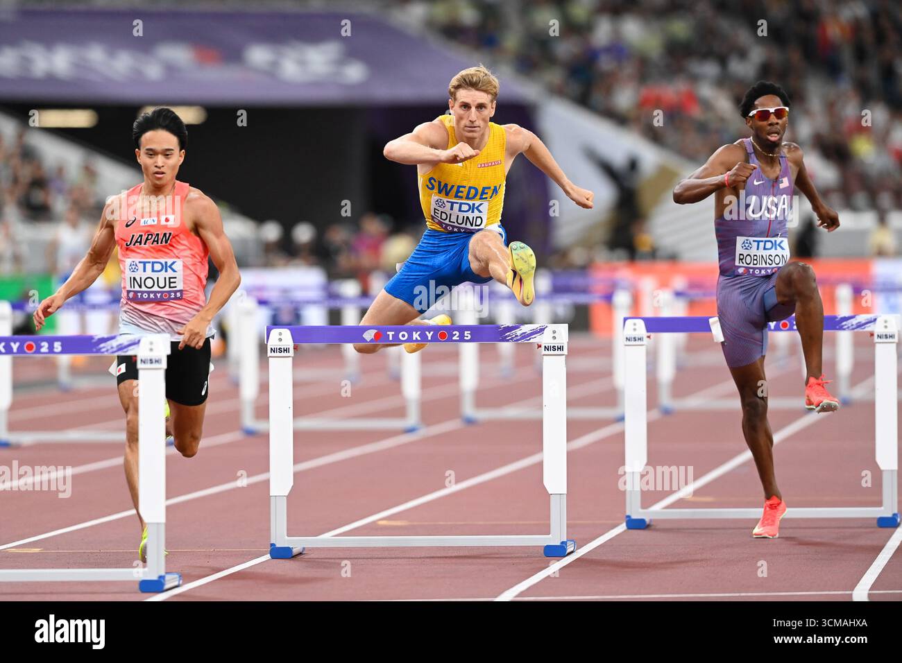 Oskar Edlund (Sweden) during the 400 metres hurdles heat race during ...