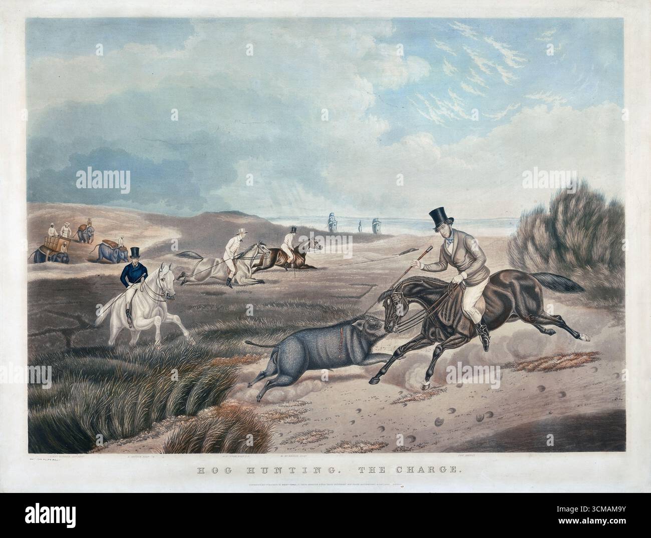 Hand coloured aquatint etching of Hog hunting - The charge Unknown ...