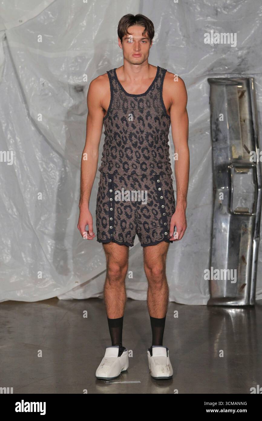 A model is seen on the catwalk at the Gabe Gordon fashion show during ...