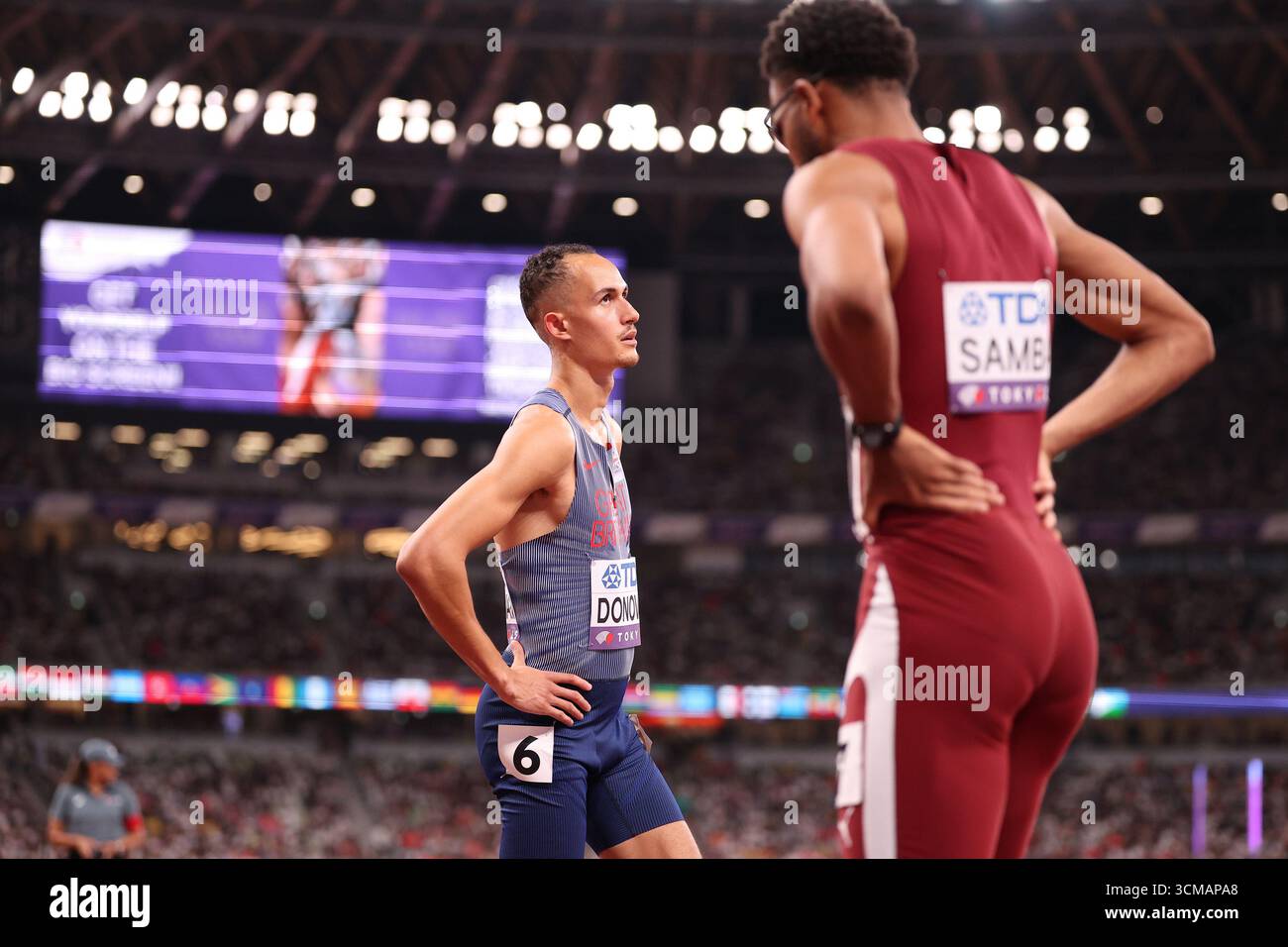 Abderrahman Samba (QAT) before his 400m Hurdles heat in front of Tyri Donovan (GBR) during the ...