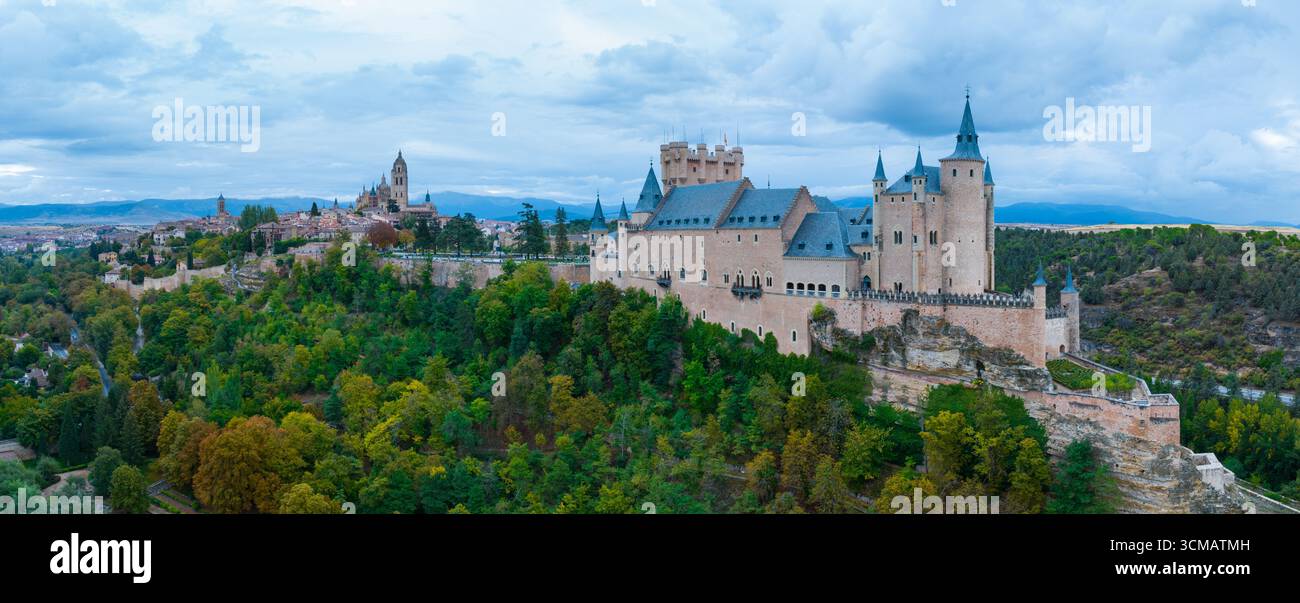 Panoramic view of the Alcazar and the city of Segovia. Province of ...