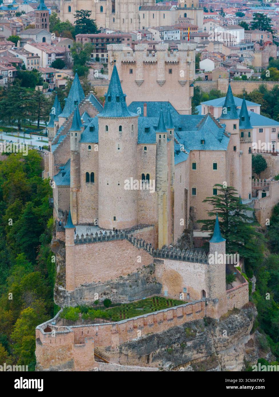 Panoramic view of the Alcazar and the city of Segovia. Province of ...