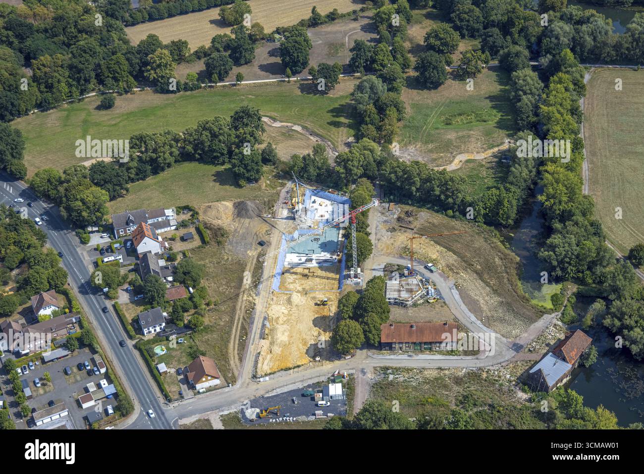 Aerial view, construction site and renovation of the castle mill at the ...