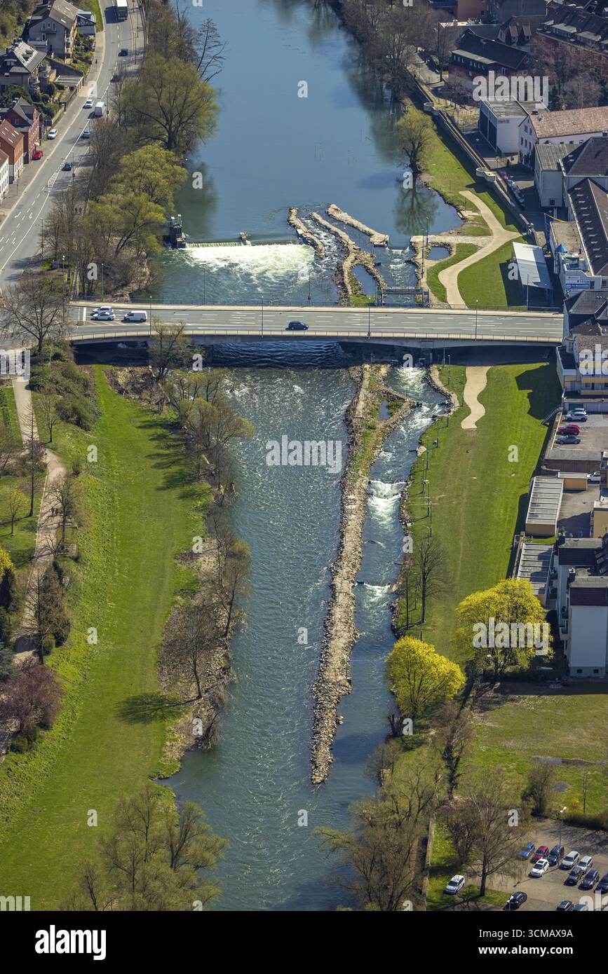 Aerial view, white water park at the river Lenne, bridge ...