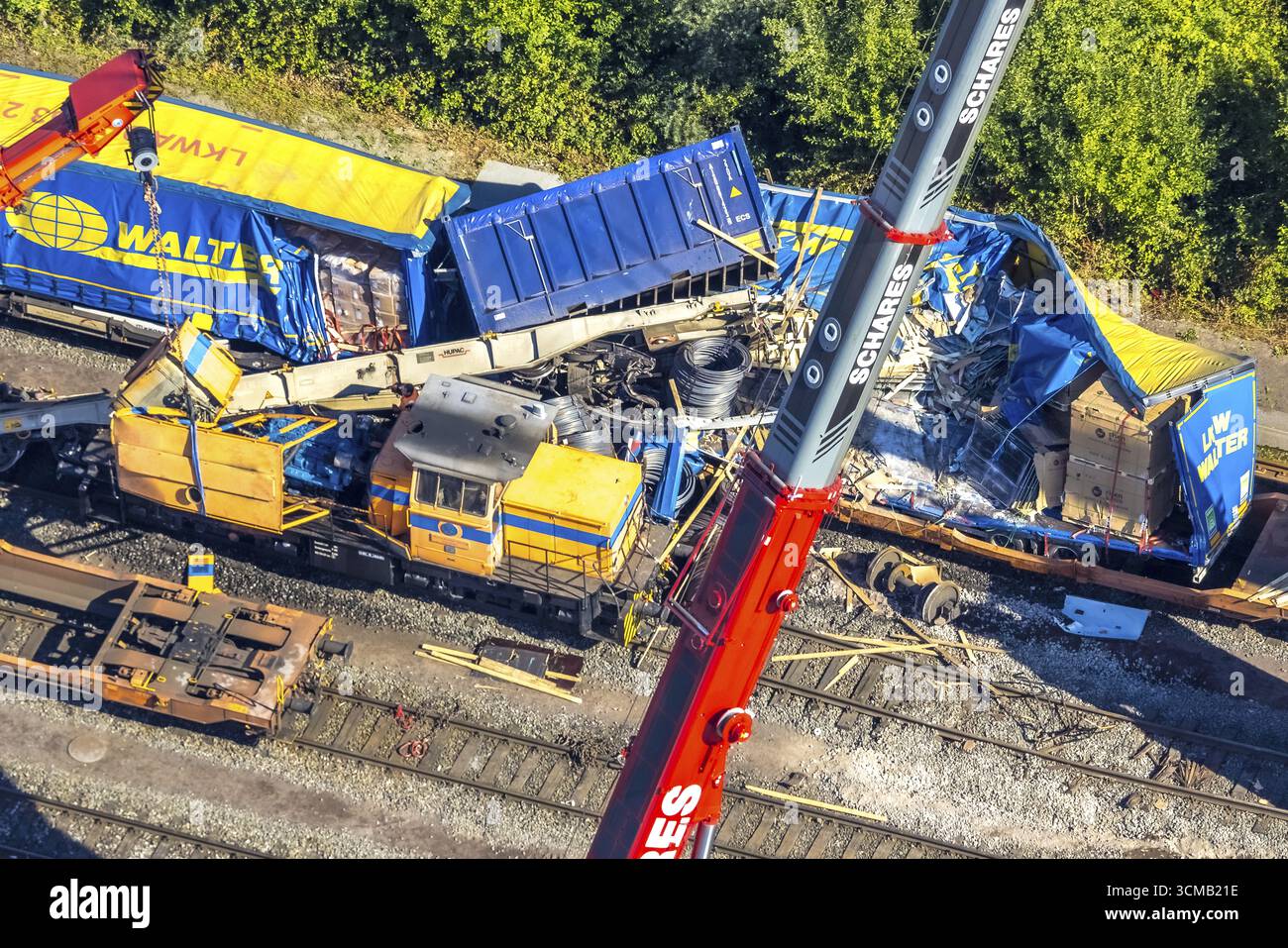 Aerial photo, goods train accident, goods train hits a second goods ...