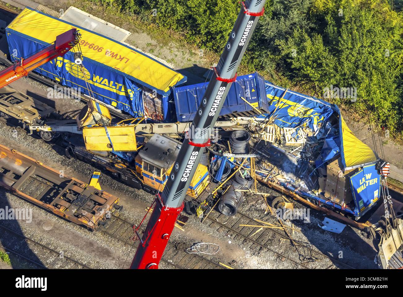 Aerial photo, goods train accident, goods train hits a second goods ...