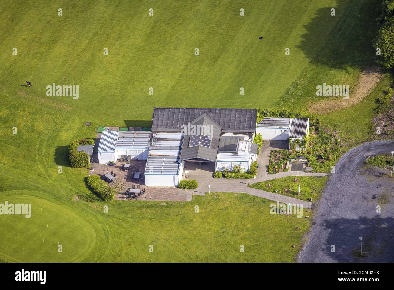 Aerial view, golf course Gut Drechen, driving range, Gobel-von-Drechen ...