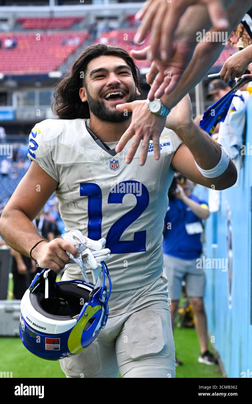 Los Angeles Rams wide receiver Puka Nacua (12) interacts with fans ...