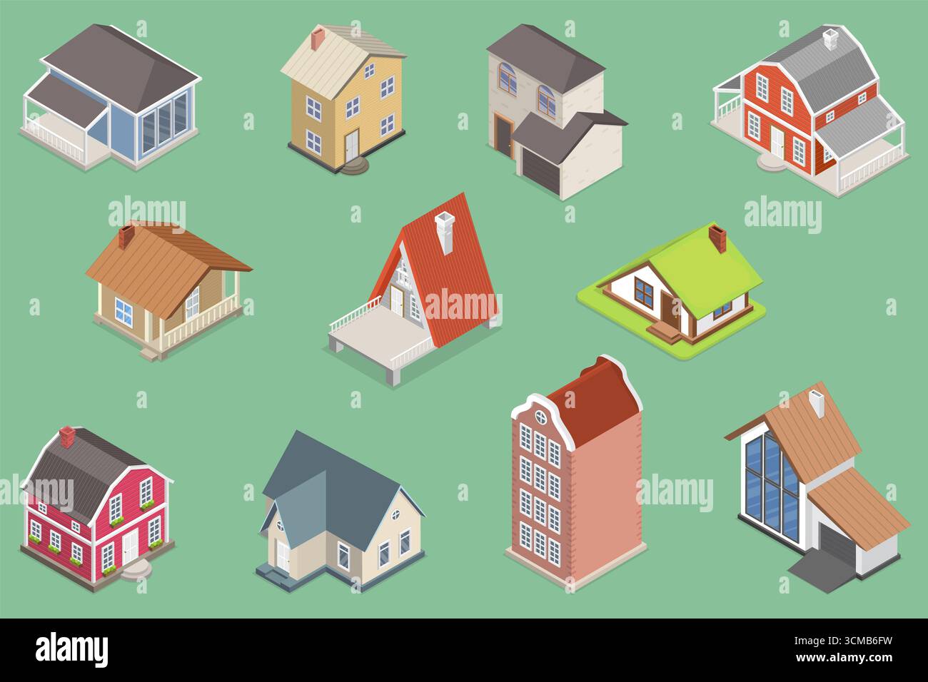 3D Isometric Flat Set of Village Buildings, Various Small and Big ...