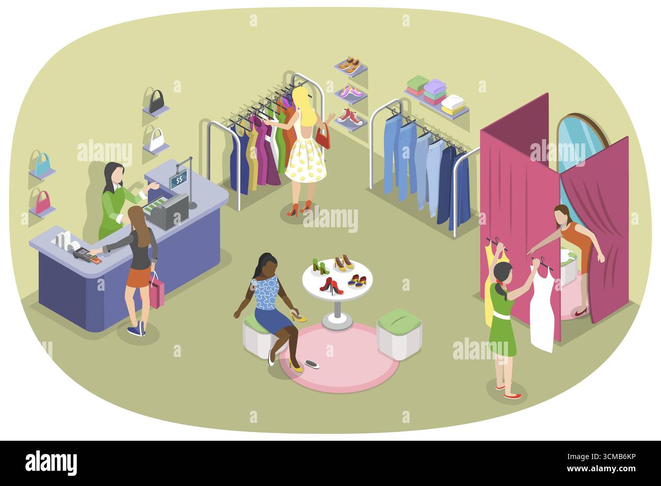 3D Isometric Flat Illustration of Clothing Store, Showroom Interior ...