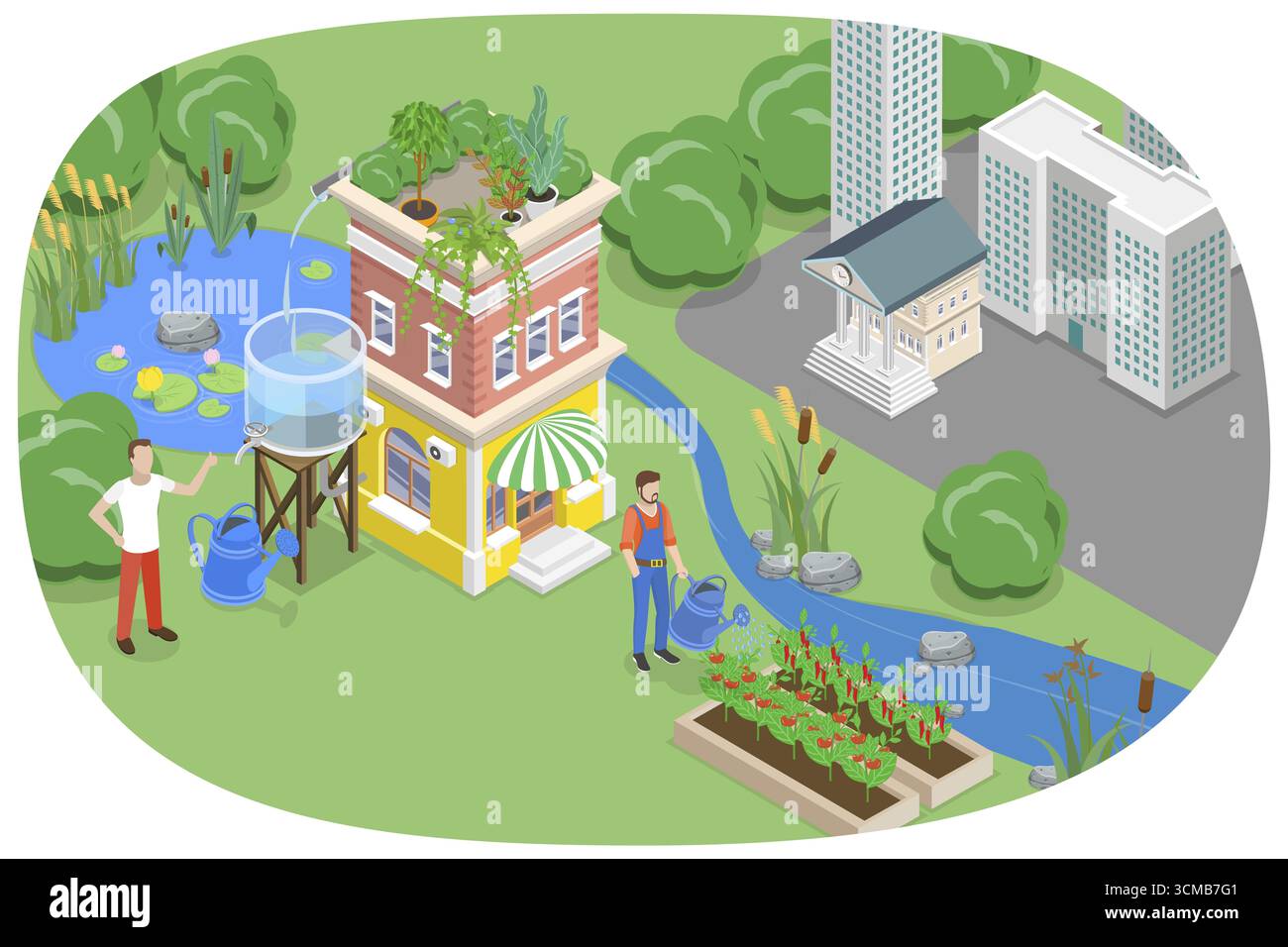 3D Isometric Flat Illustration of Water Conservation In City, Rainwater ...
