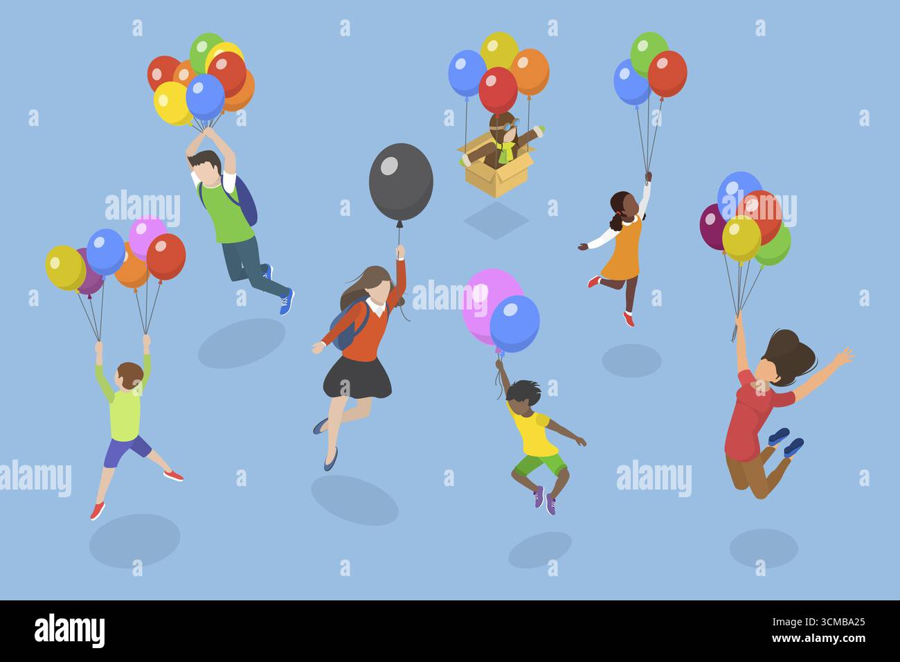 3D Isometric Flat Illustration of Soaring in the Sky, Happy Children ...