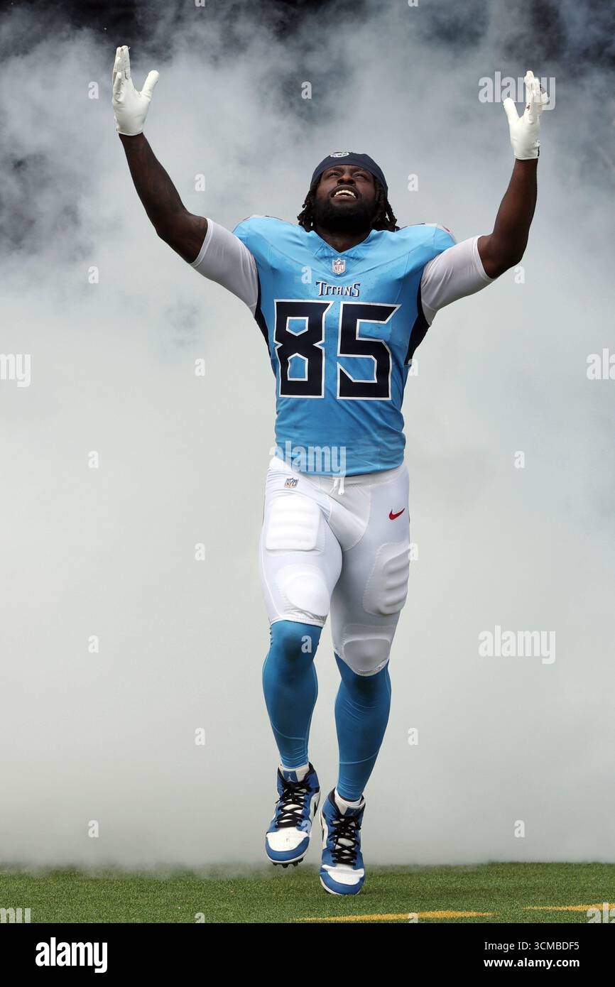 Tennessee Titans tight end Chig Okonkwo (85) during team introductions ...