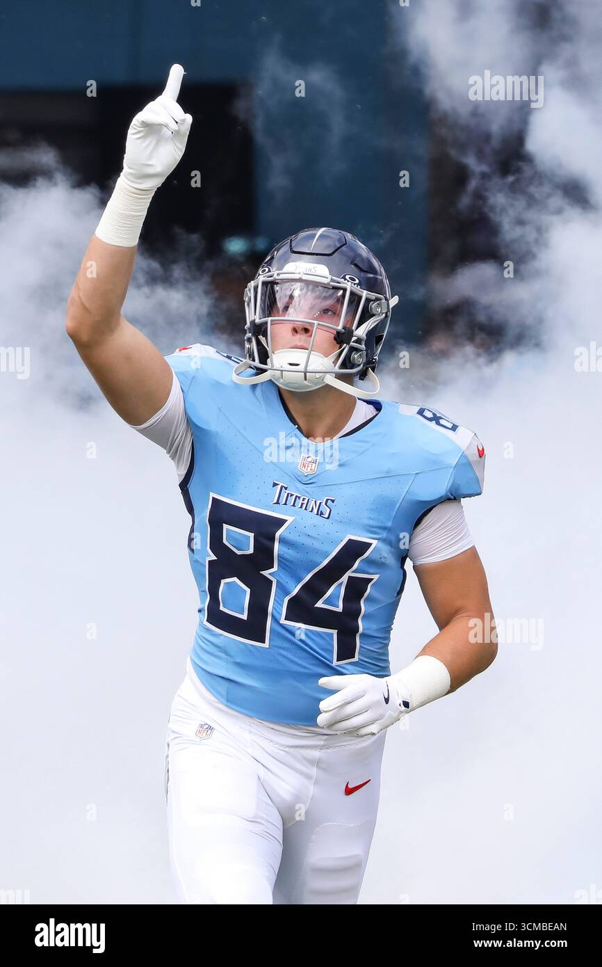 Tennessee Titans tight end Gunnar Helm (84) runs onto the field before ...