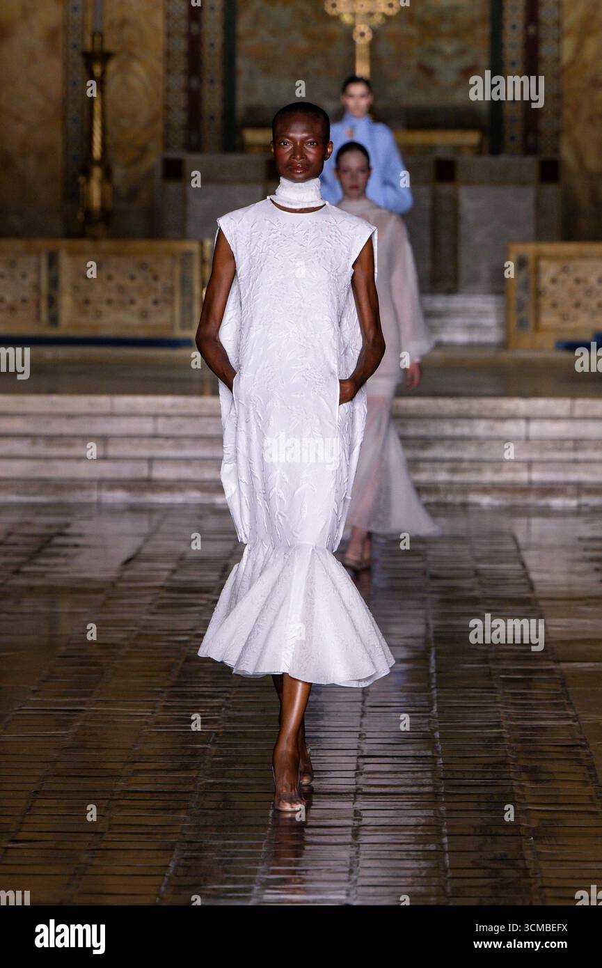 Model Debra Shaw is seen on the catwalk at the Prabal Gurung fashion ...