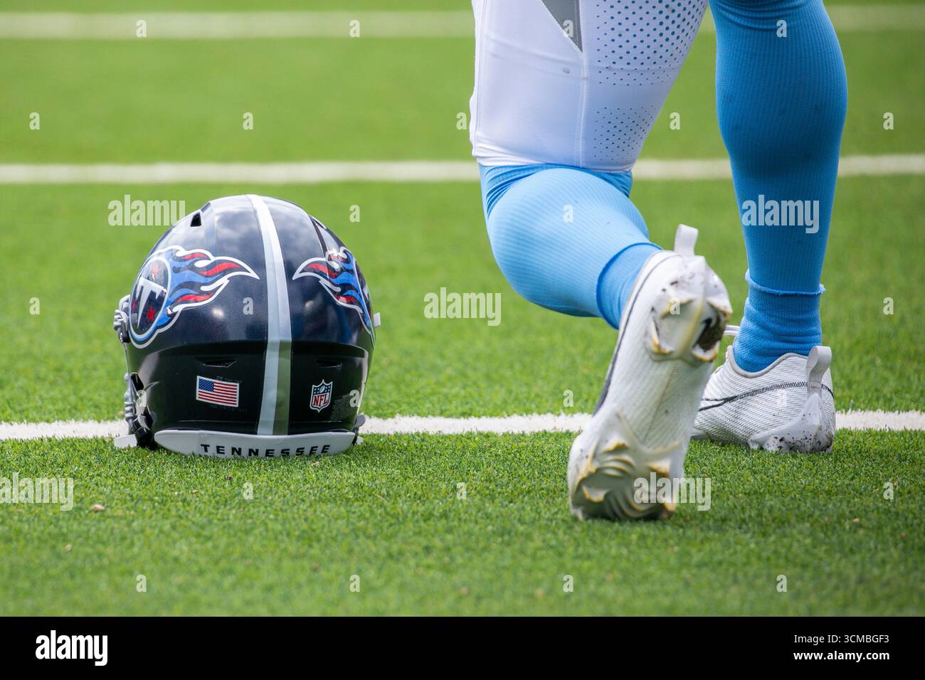 View of a Tennessee Titans helmet on the field during warmups before ...