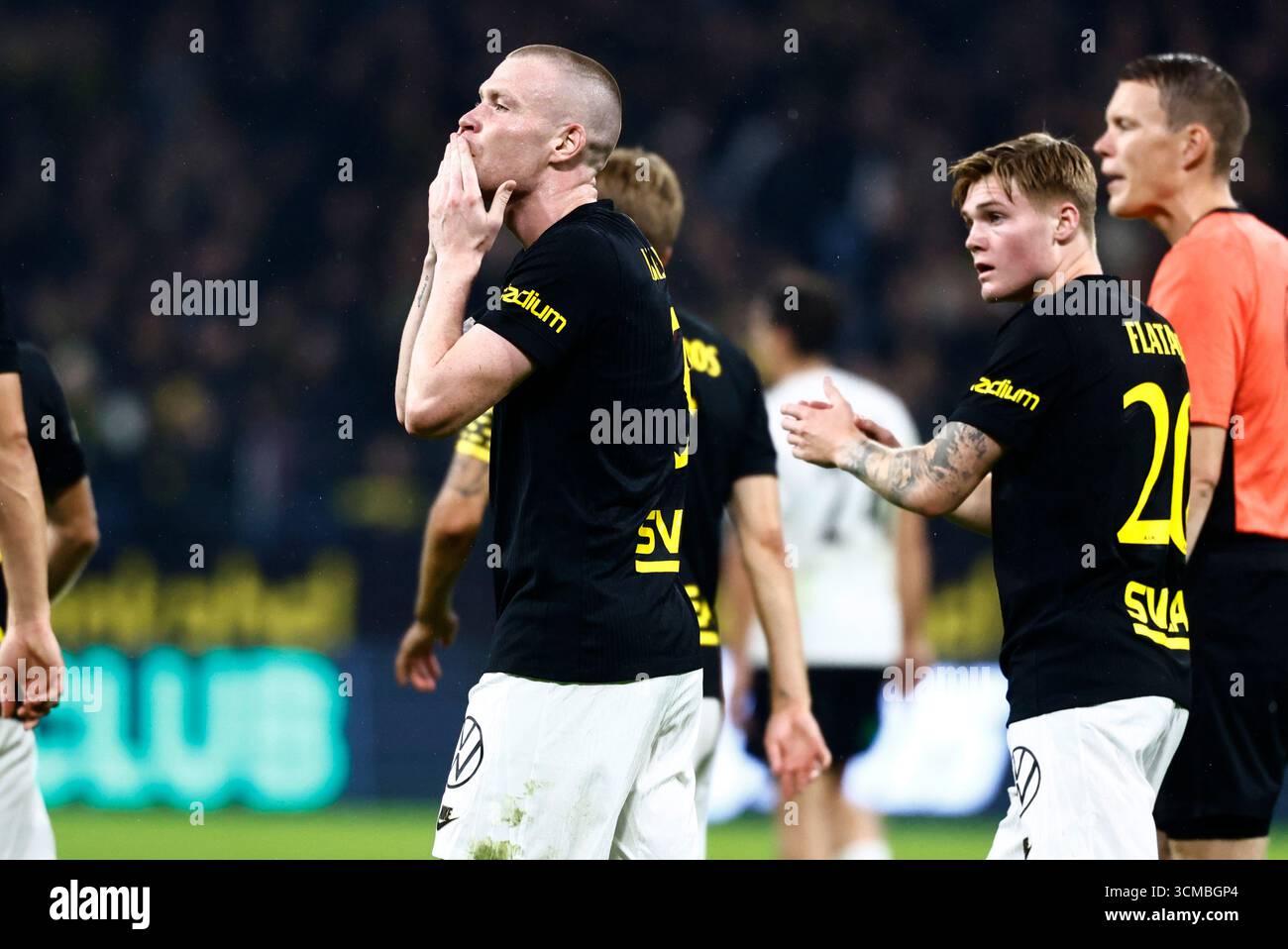 STOCKHOLM, SWEDEN 20250915AIK's Thomas Poppler Isherwood heads home 1-0 during Monday's ...