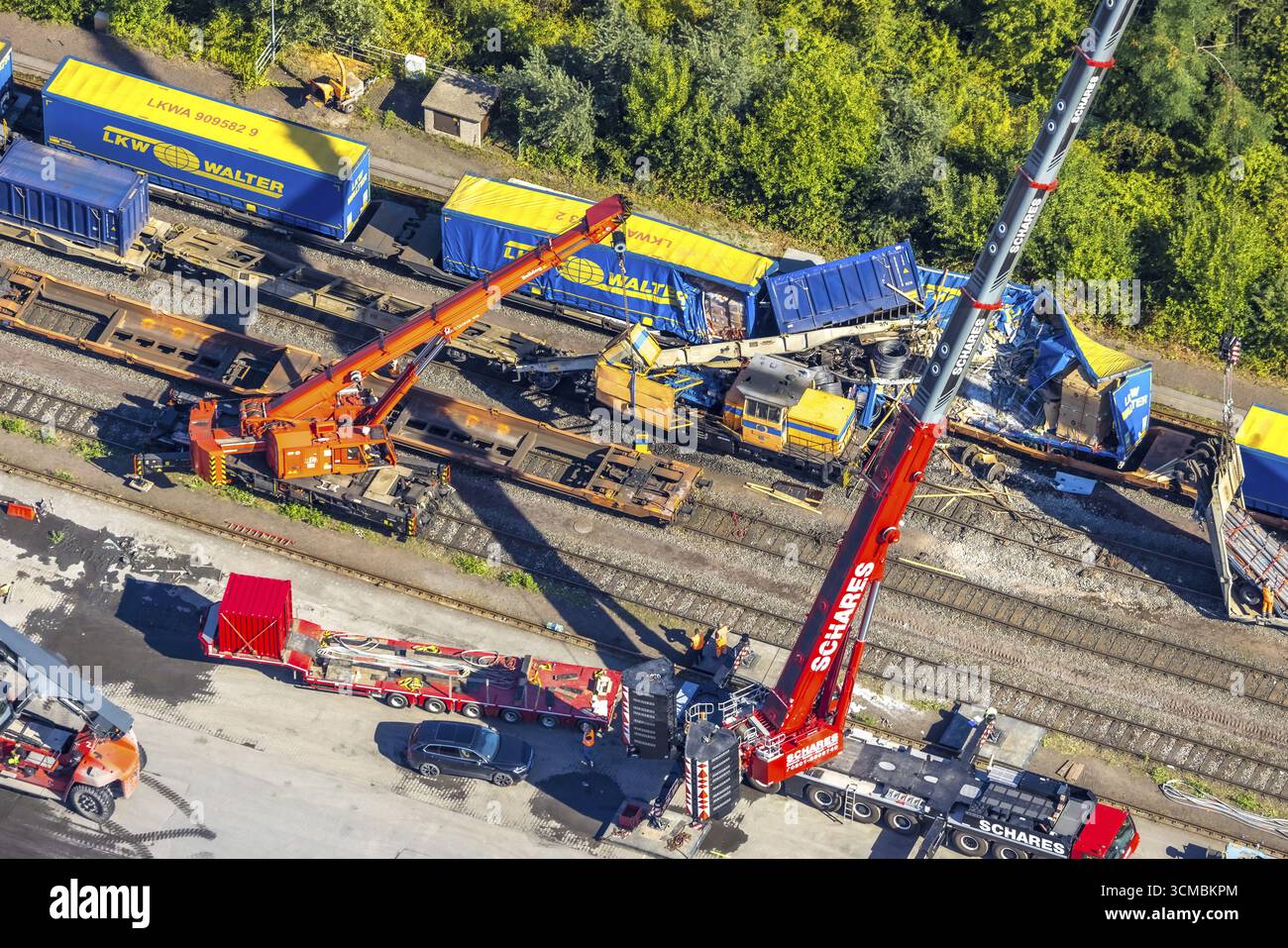 Aerial photo, goods train accident, goods train hits a second goods ...