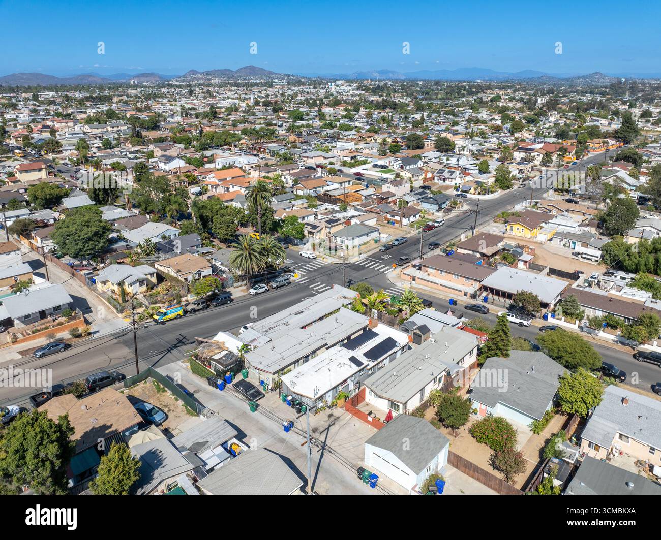 Aerial view of City Heights, one of the poorest areas in San Diego ...