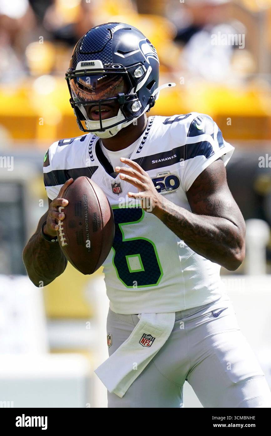 Seattle Seahawks quarterback Jalen Milroe (6) warms up before an NFL ...