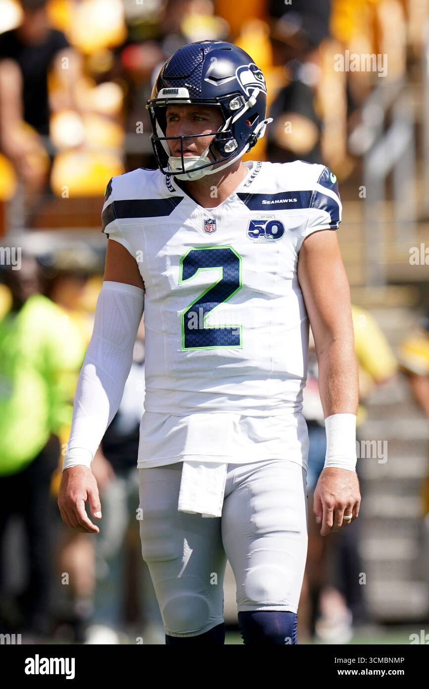 Seattle Seahawks quarterback Drew Lock (2) warms up before an NFL ...