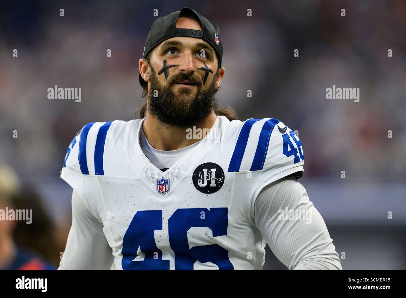 Indianapolis Colts long snapper Luke Rhodes (46) warms up on the field ...