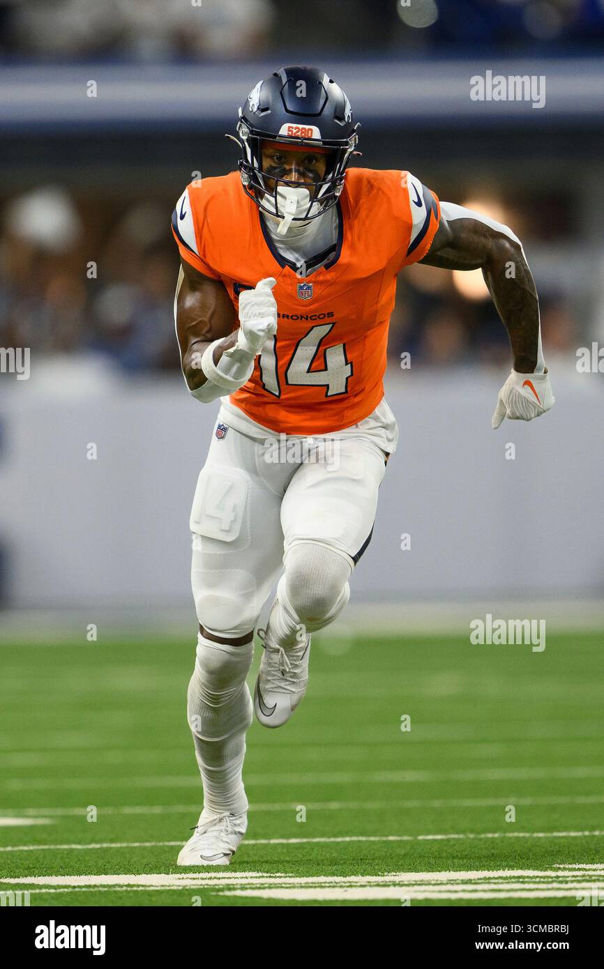 Denver Broncos wide receiver Courtland Sutton (14) runs down the field ...