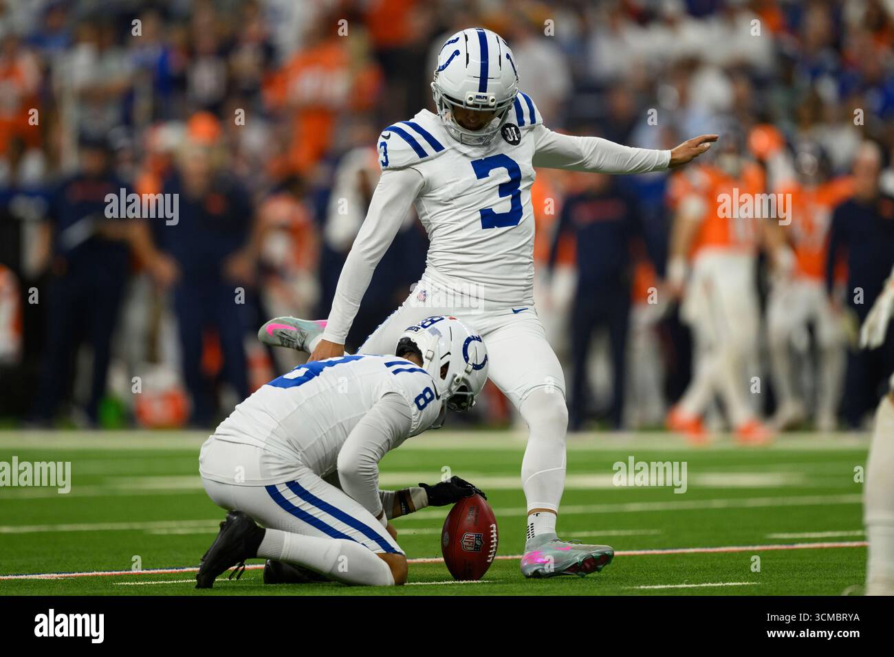 Indianapolis Colts kicker Spencer Shrader (3) kicks the ball during an ...