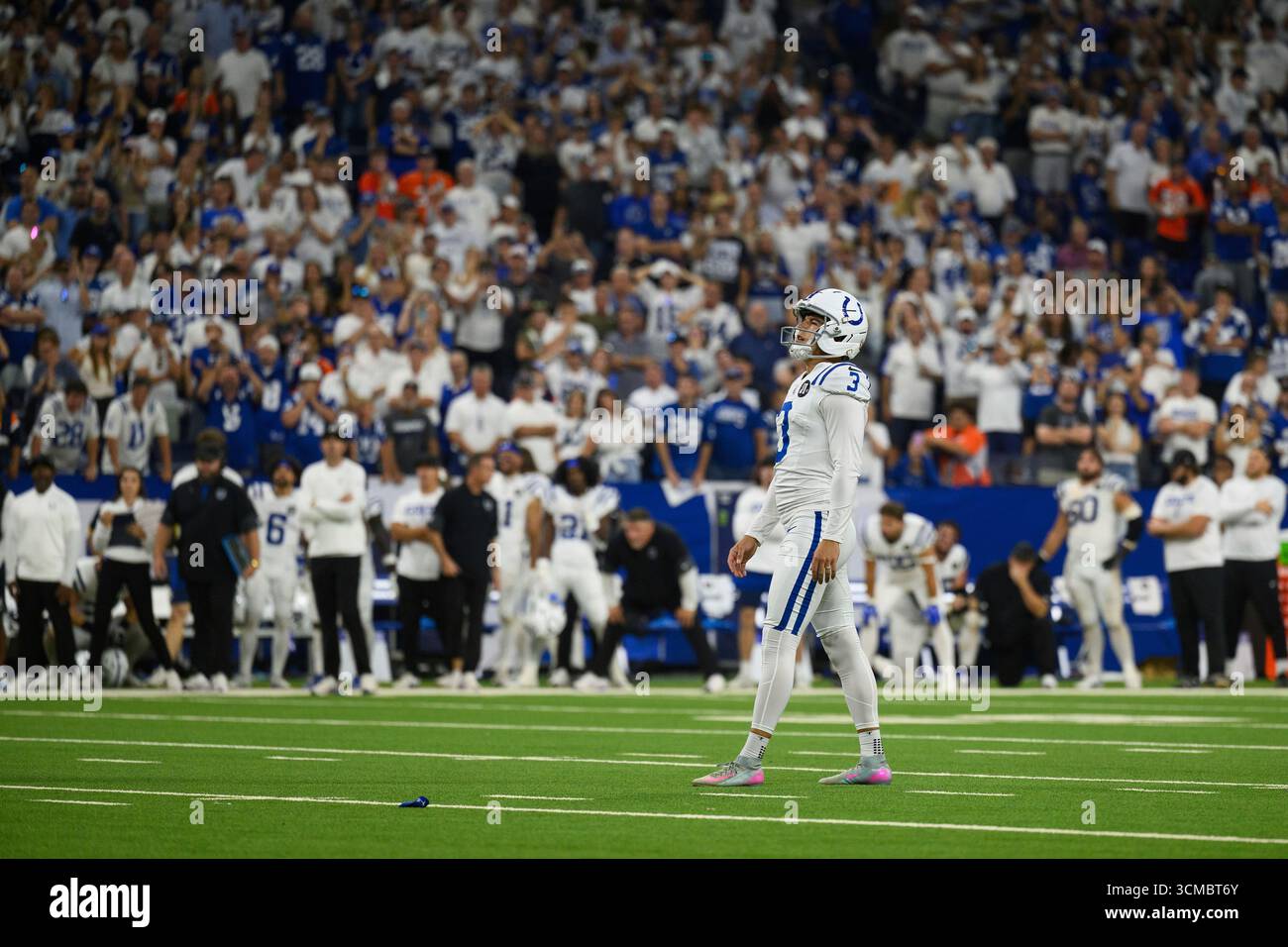 Indianapolis Colts kicker Spencer Shrader (3) prepares to kick a field ...