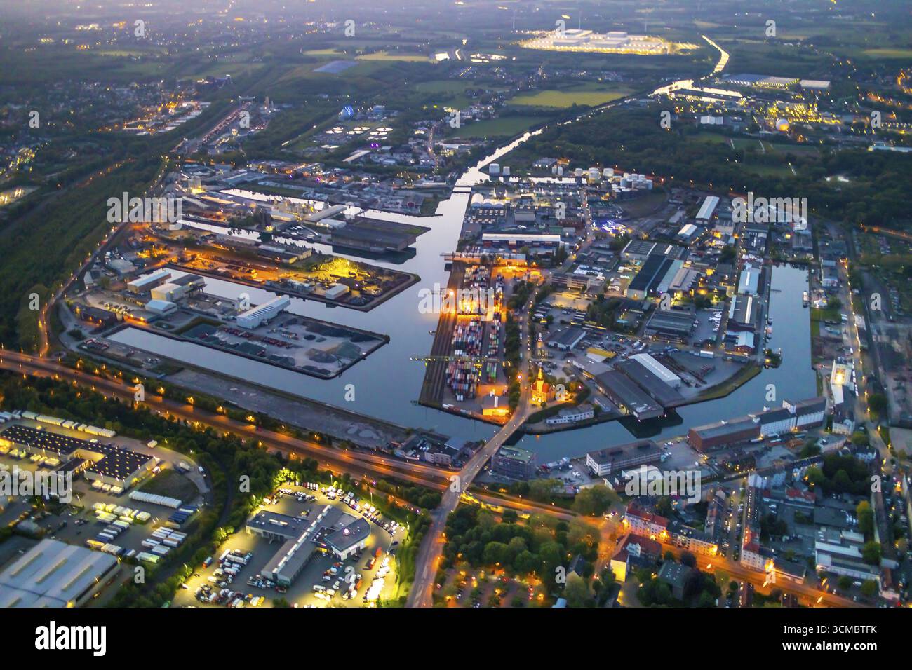 Aerial view, night view of Dortmund harbour, historical building old ...