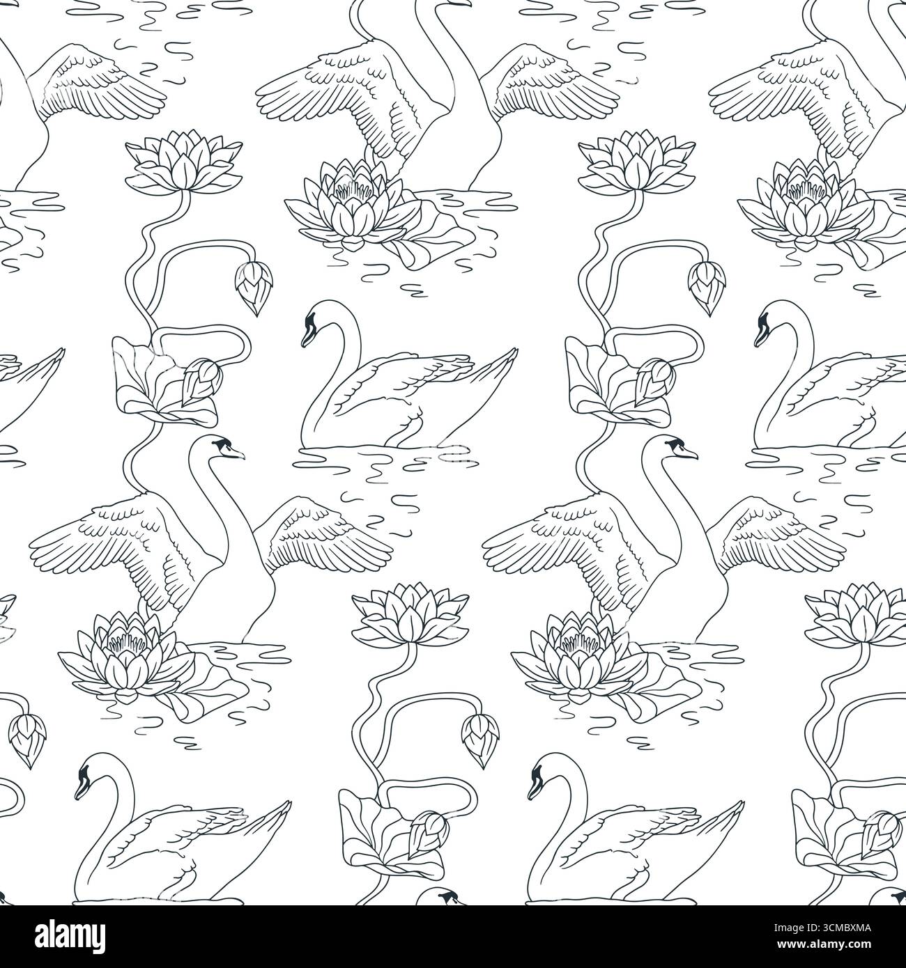 Monochrome vintage art nouveau toile hand drawn swan swimming in lake ...