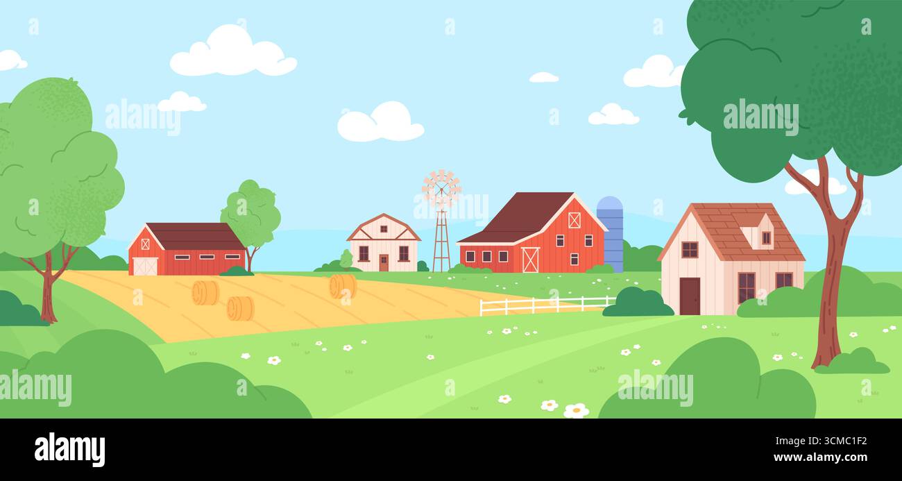 Country landscape. Wooden houses and red barns, water tower or granary ...