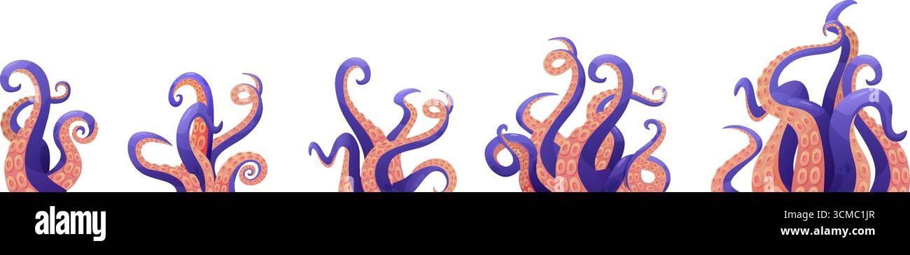 Cartoon tentacles. Squid tentacle bunches, isolated octopus or ...