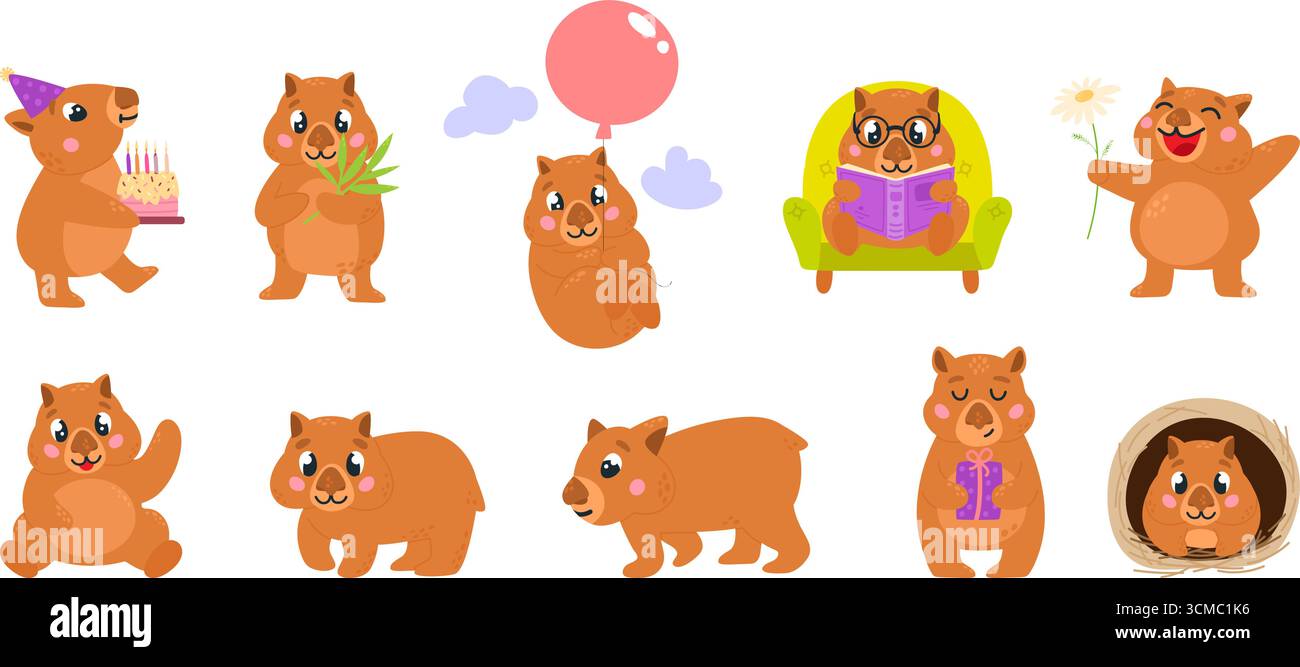 Cute wombat. Cartoon wombats different poses. Funny wild animals with ...