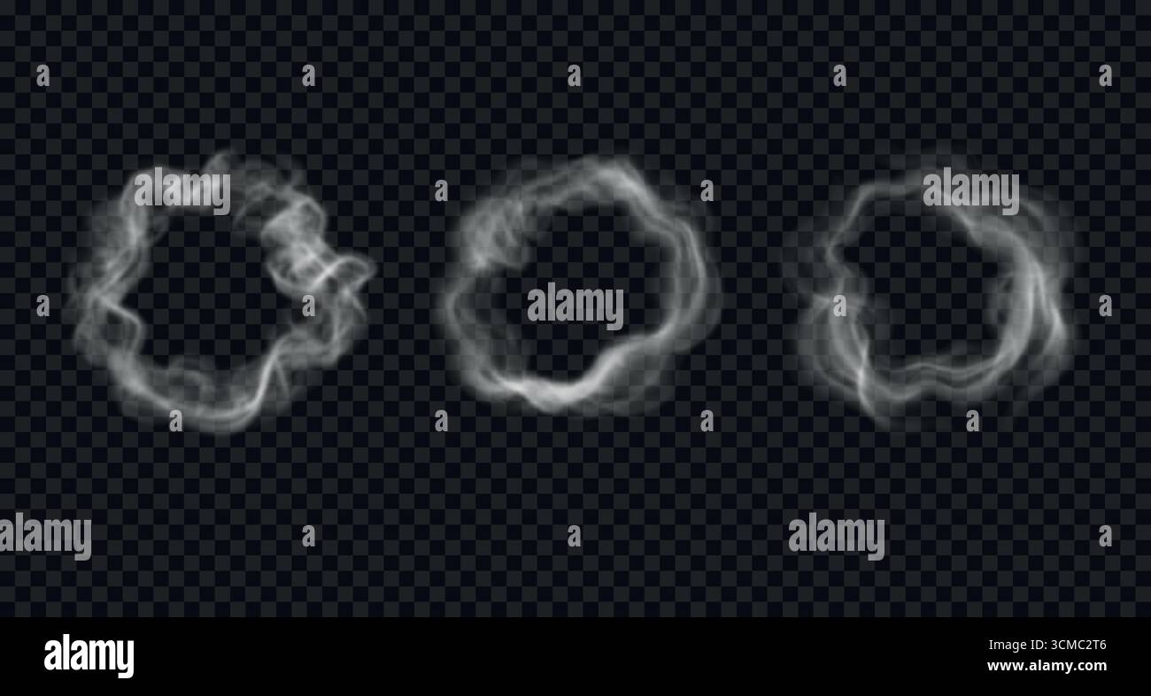 Vector smoky rings with flow steam clouds. Realistic round smoke and ...