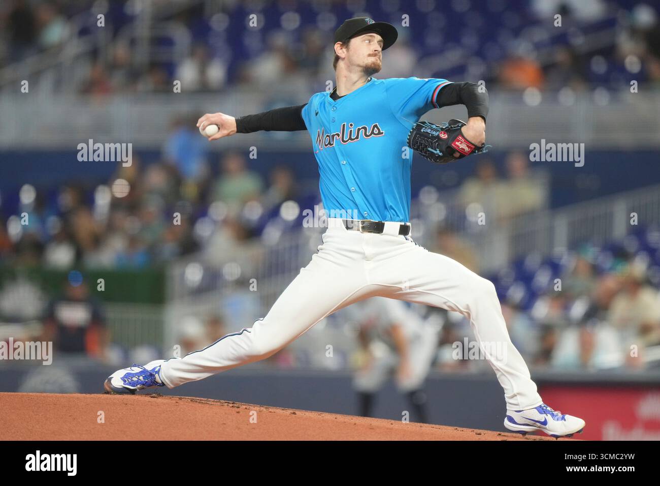 Miami Marlins starting pitcher Adam Mazur aims a pitch during the first ...