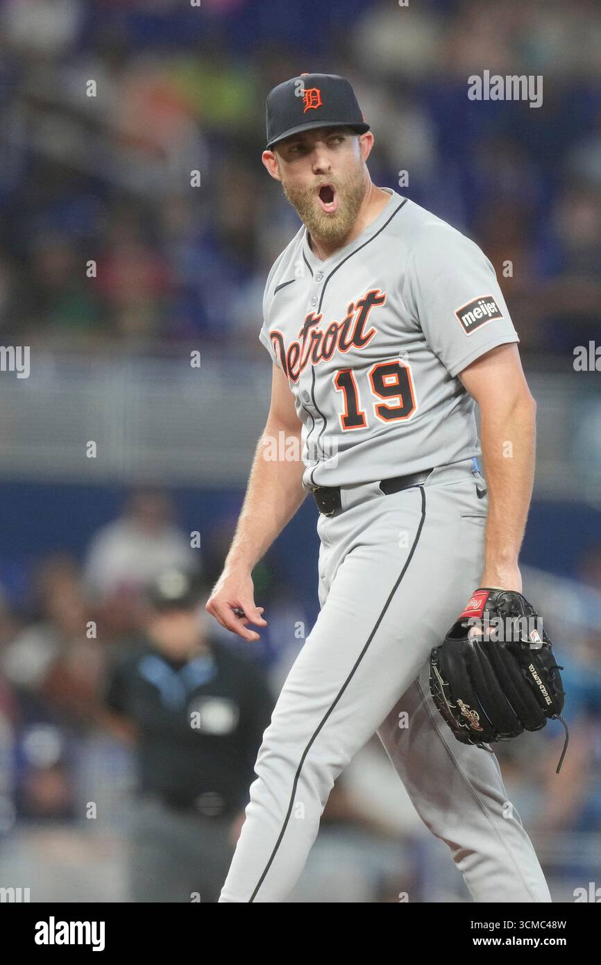 Detroit Tigers pitcher Will Vest (19) reacts after defeating the Miami ...