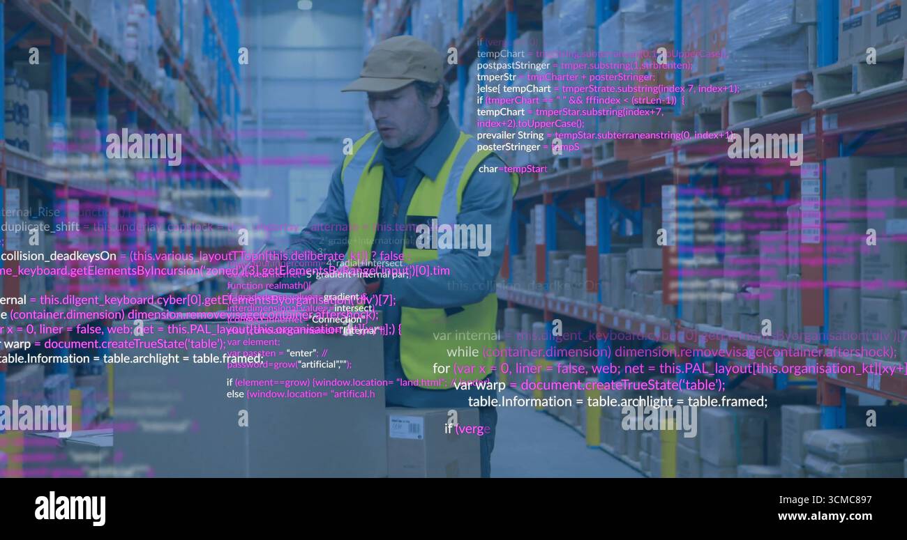 Warehouse worker wearing vest and cap labeling box on pallet amid racks ...